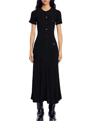 Sandro Milo Button Front Midi Dress Black