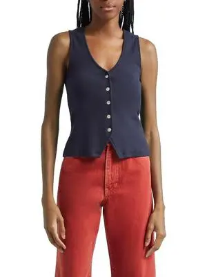 Veronica Beard Hoorne Cotton Ribbed Vest - Navy