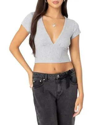 EDIKTED Deep V Crop T-shirt - Gray-melange
