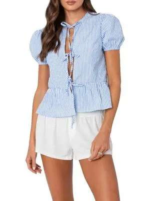 EDIKTED Stripe Tie-front Shirt - Blue-and-white
