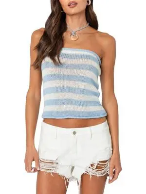 EDIKTED Nox Stripe Knit Crop Tube Top - Blue-and-white