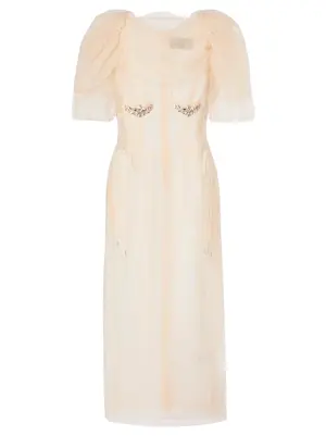 Simone Rocha Embellished Ruched Mesh Midi Dress - Beige