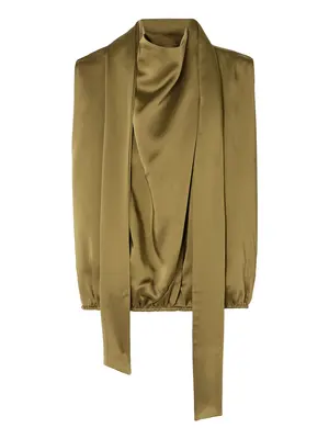 PETAR PETROV The Slippery Tie-detailed Satin Top - Green