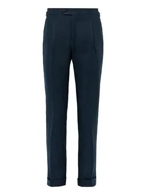 SAMAN AMEL Slim-fit Pleated Linen Trousers - Blue