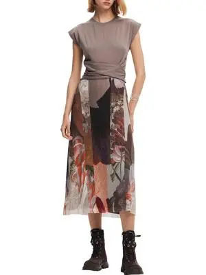 Desigual Mixed Media Midi Dress - Brown