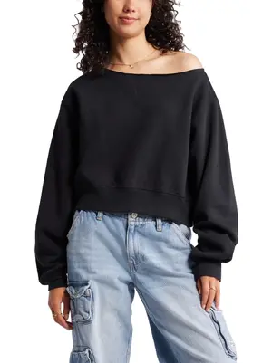 Bp. Fleece Off-the-Shoulder Sweatshirt Black Jet