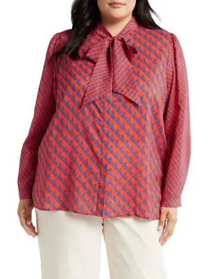 HARSHMAN Aveline Tie Neck Button-up Shirt - Red And Navy