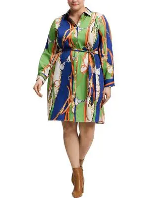 Foxcroft Rocca Chain Print Belted Shirtdress - Green Multi