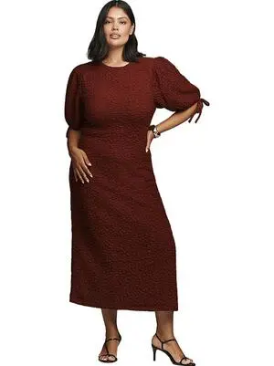 English Factory Short-sleeve Textured Midi Dress - Burgundy