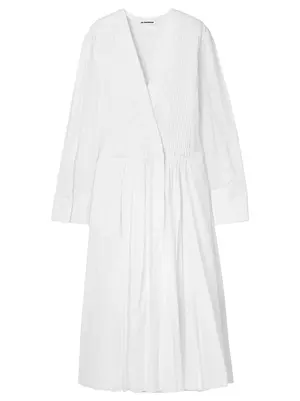 JIL SANDER Wrap-effect Pintucked Plissé Midi Dress - White
