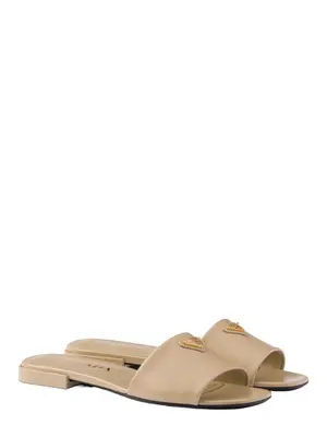 Prada Saffiano Leather Slides - Sand Beige