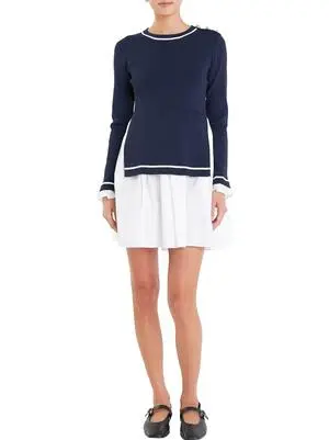 English Factory Mixed Media Long Sleeve Minidress - Navy