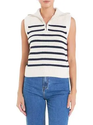 English Factory Stripe Sleeveless Quarter Zip Sweater - Cream/navy