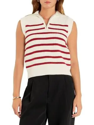 English Factory Stripe Sleeveless Quarter Zip Sweater - White/ Burgundy