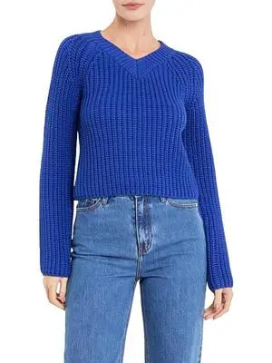English Factory V-neck Crop Sweater - Royal Blue