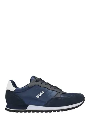BOSS Logo-embossed Mesh And Suede Low-top Trainers - Dark Blue