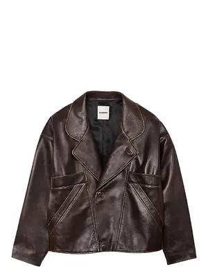 Sandro Oversized-collar Relaxed-fit Leather Jacket - Bruns