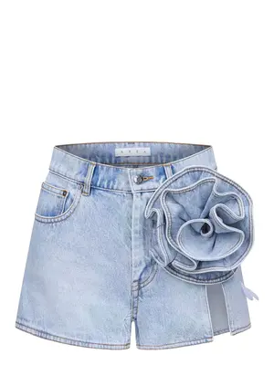 AREA Floral Appliqué Denim Shorts - Blue
