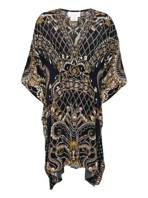 Camilla Short Printed Silk Kaftan With Crystal Embellishments - Blue