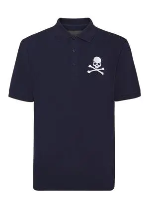 Philipp Plein Skull & Bones Embroidered Cotton Polo Shirt - Blue