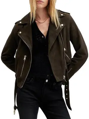 ALLSAINTS Suede Biker Jacket - Tarmac Green