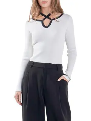 Endless Rose Cutout Cross Neck Long Sleeve Top - Ivory/black