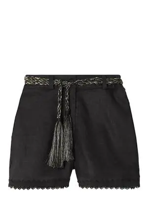Waimari Pixie Belted Linen Shorts With Lace Trim - Black