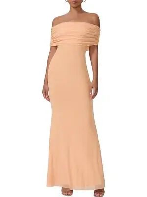 AFRM AFRM Mccall Off The Shoulder Mesh Maxi Dress Peach Fuzz