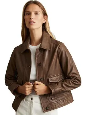 REISS Hanson Leather Trucker Jacket - Chocolate