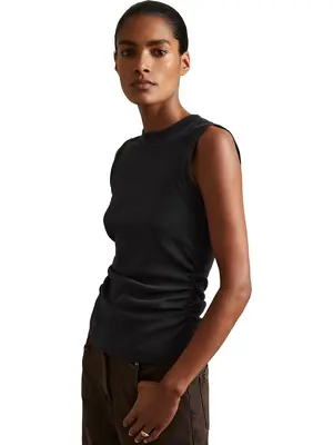 REISS Fine-Rib Ruched Tank Top Navy