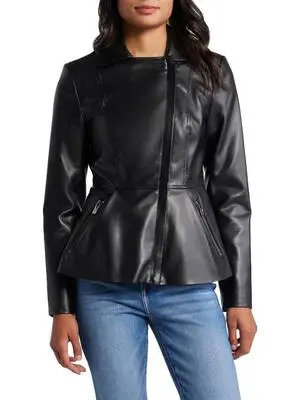 Via Spiga Peplum Faux Leather Moto Jacket - Black