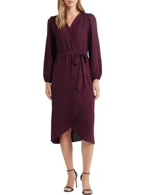 CONNECTED APPAREL Long Sleeve Faux Wrap Midi Dress - Bordeaux