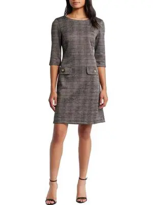 CONNECTED APPAREL Plaid Knit A-line Dress - Black
