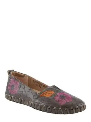 SPRING STEP SHOES Floral Leather Flat - Grey Multi
