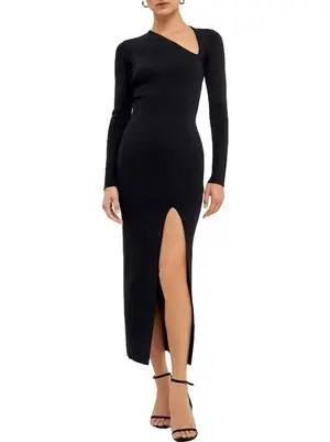 Endless Rose Asymmetric Neck Sweater Dress - Black