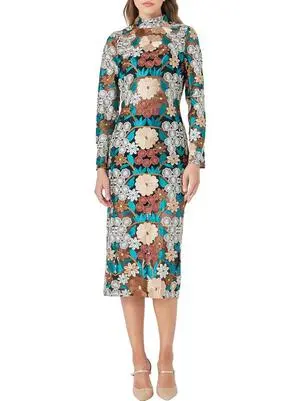 Endless Rose Floral Embroidered Long Sleeve Dress - Green Multi