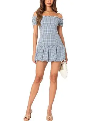 EDIKTED Gingham Off-shoulder Mini Dress - Blue And White