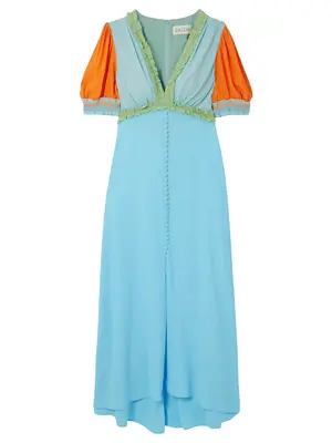 Saloni Lea Smocked Colorblock Crepe Midi Dress - Turquoise