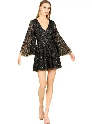 LARA NEW YORK Bell Sleeve Sequin Mini Dress - Black