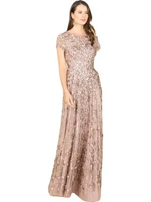 LARA NEW YORK 3d Floral Embellished Cap Sleeve Gown - Darktaupe