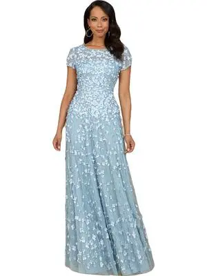 LARA NEW YORK 3d Floral Embellished Cap Sleeve Gown - Periwinkle