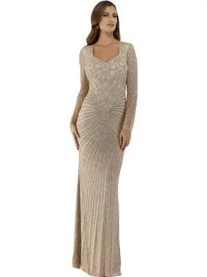 LARA NEW YORK V-neck Beaded Long Sleeve Gown - Nude