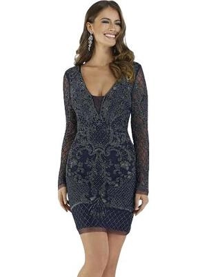 LARA NEW YORK Beaded Long Sleeve Knee Length Dress Navy