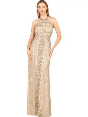 LARA NEW YORK Halter Neck Embellished Gown - Nudesilver