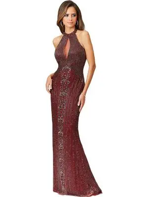 LARA NEW YORK Halter Neck Embellished Gown - Wine