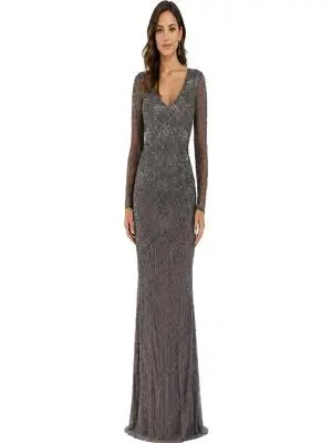 LARA NEW YORK Long Sleeve Beaded Gown - Grey