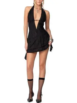 EDIKTED Shredded Backless Halter Mini Dress - Black