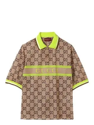 Gucci Polyester Mesh Gg Print Polo Shirt - Beige And Ebony