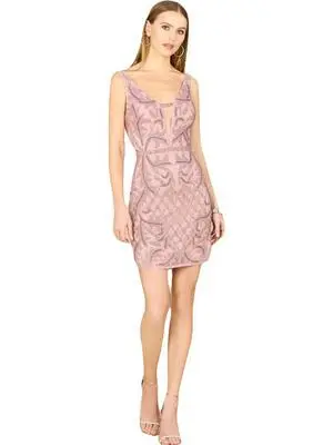 LARA NEW YORK Illusion V-neck Beaded Mini Dress - Cashmere