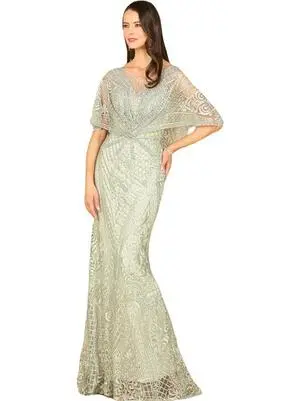 LARA NEW YORK Cape Sleeve Mermaid Gown - Glacialgreen